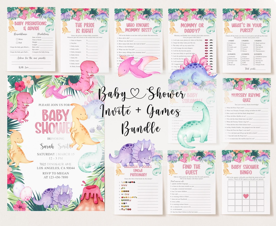 Girl Dinosaur Baby Shower Bundle Girl Dinosaur Baby Shower Invitation ...