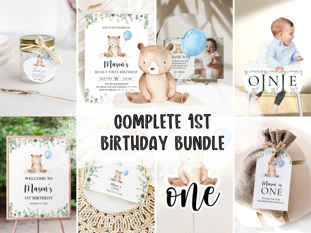 Bear 1st Birthday Bundle, Bear Birthday Party, Bear Birthday Invitation ...