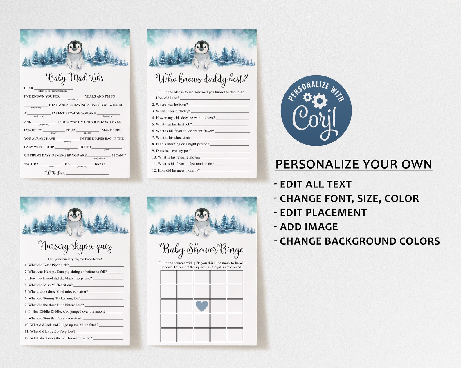 14 Winter Baby Shower Games Penguin Baby Shower Games - Etsy