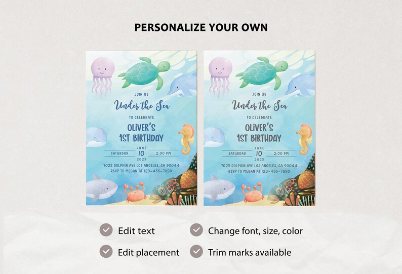 Editable Under the Sea Birthday Invite Ocean Animals Party - Etsy