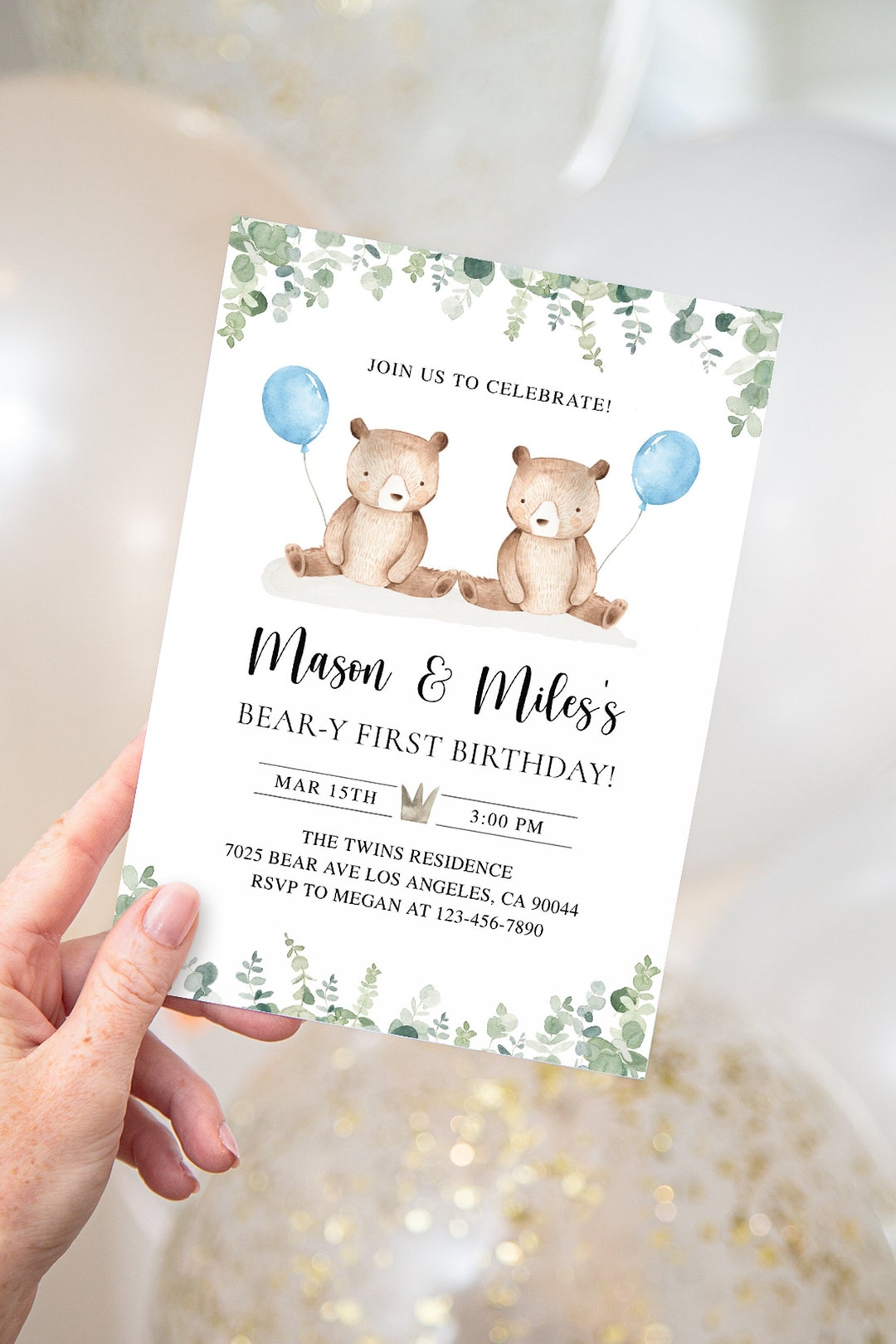 Twin Boys 1st Birthday Invite, Twins Birthday Party Invite, Twin Bears ...