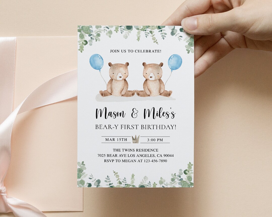 Twin Boys 1st Birthday Invite Twins Birthday Party Invite - Etsy