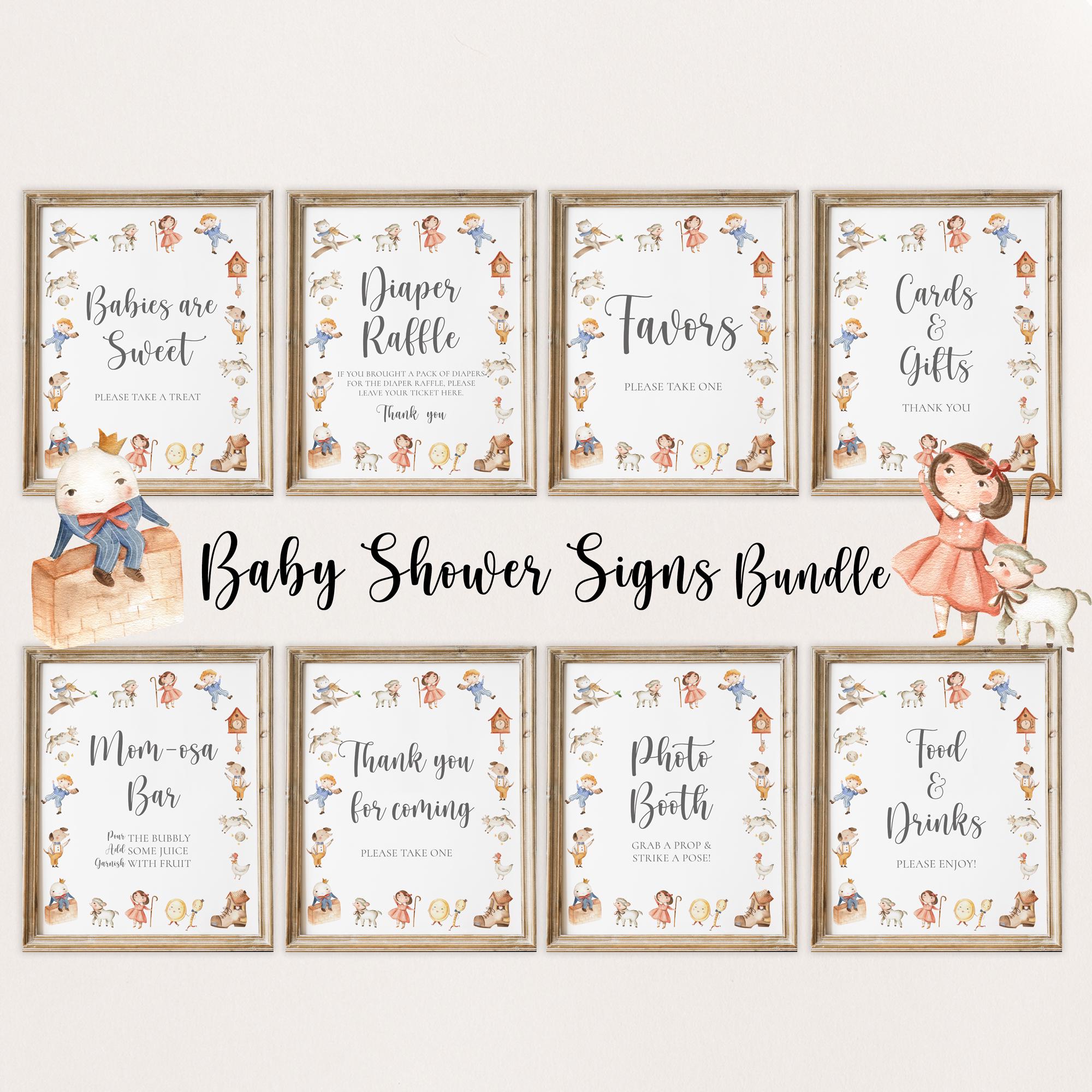 12 Nursery Rhyme Baby Shower Sign, Baby Shower Sign Bundle, Nursery ...