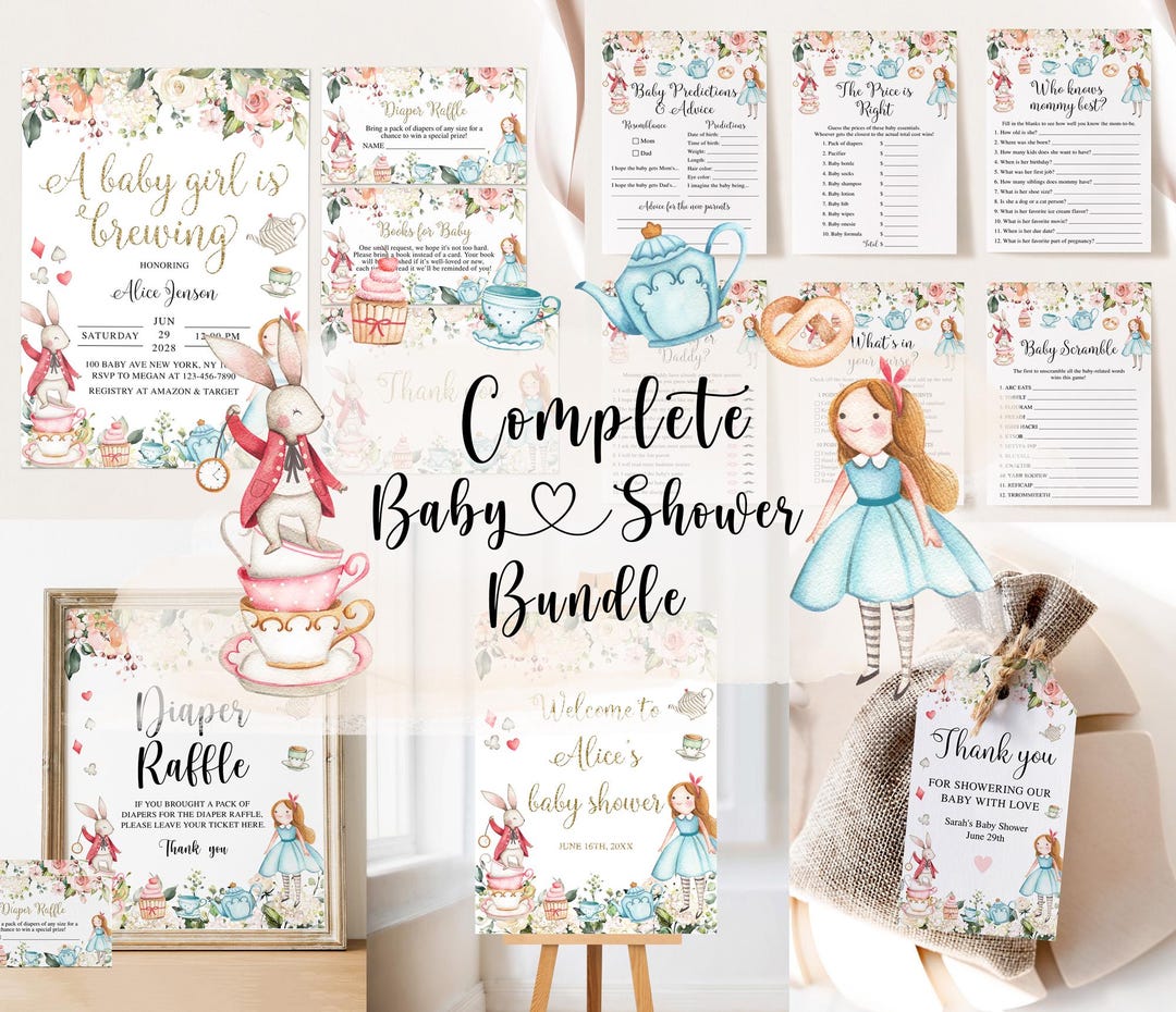 Alice in Wonderland Baby Shower Bundle Tea Party Baby Shower Girl Baby ...