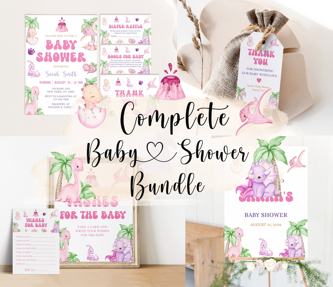 Girl Dinosaur Baby Shower Bundle Pink Dinosaur Baby Shower Girl ...