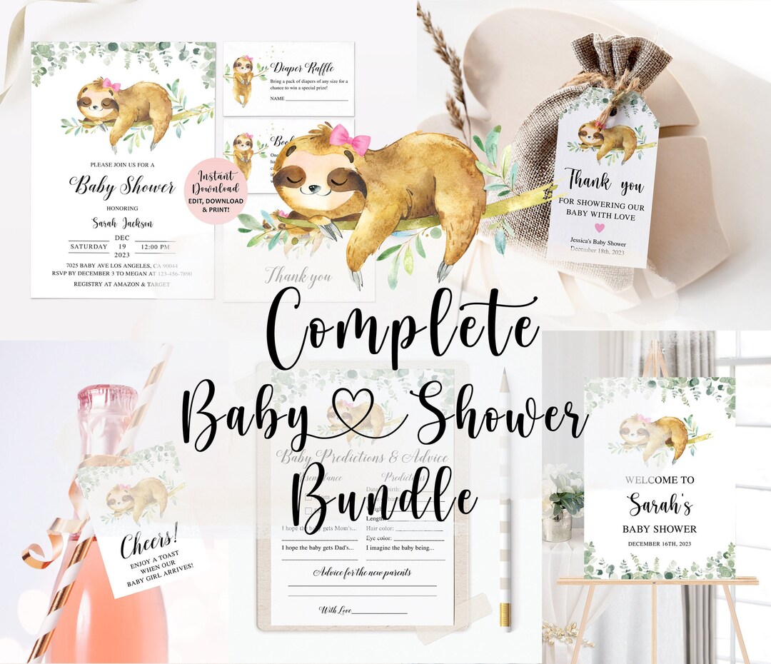 Girl Sloth Baby Shower Bundle, Sloth Baby Shower, Sloth Baby Shower ...