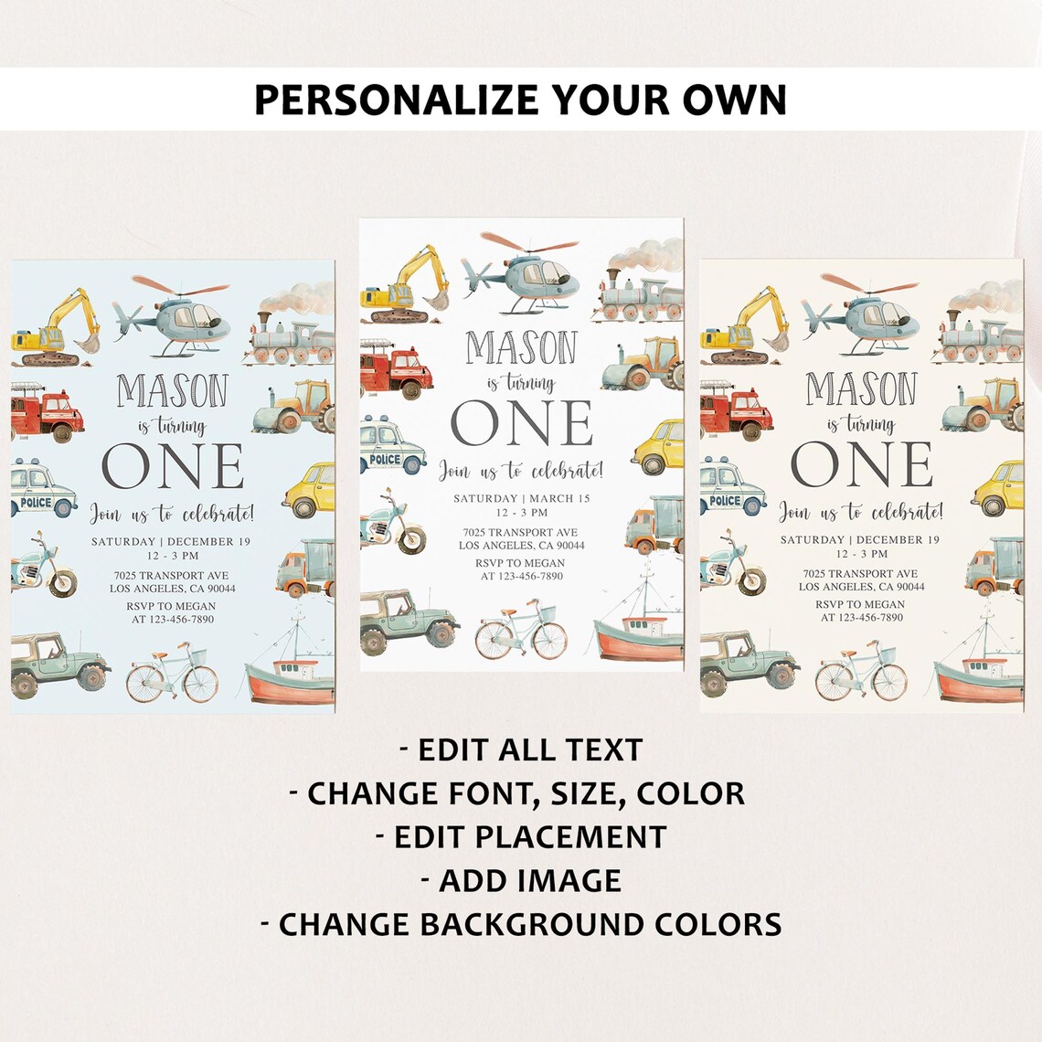 Vehicle Birthday Party Invite Transport Birthday Party Invite Cars ...
