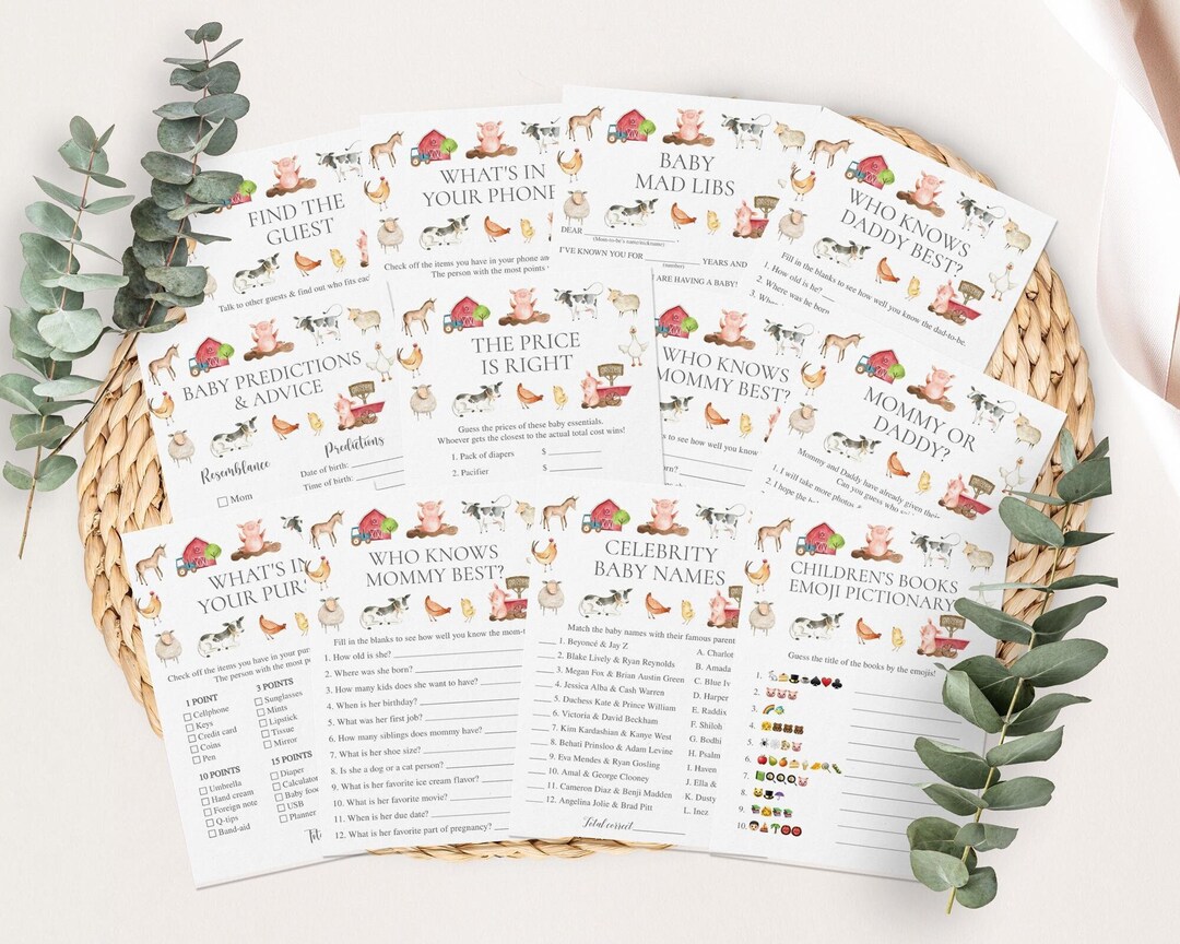 14 Editable Farm Animals Baby Shower Games Farm Baby Shower Games Barn ...