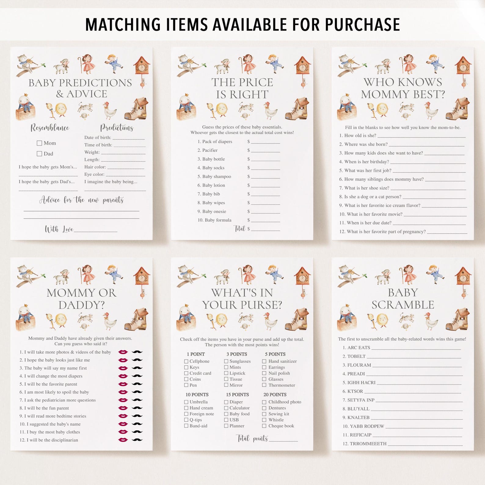 12 Nursery Rhyme Baby Shower Sign, Baby Shower Sign Bundle, Nursery ...
