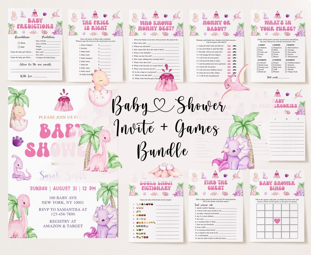 Girl Dinosaur Baby Shower Bundle Pink Dinosaur Baby Shower Invite Girl ...