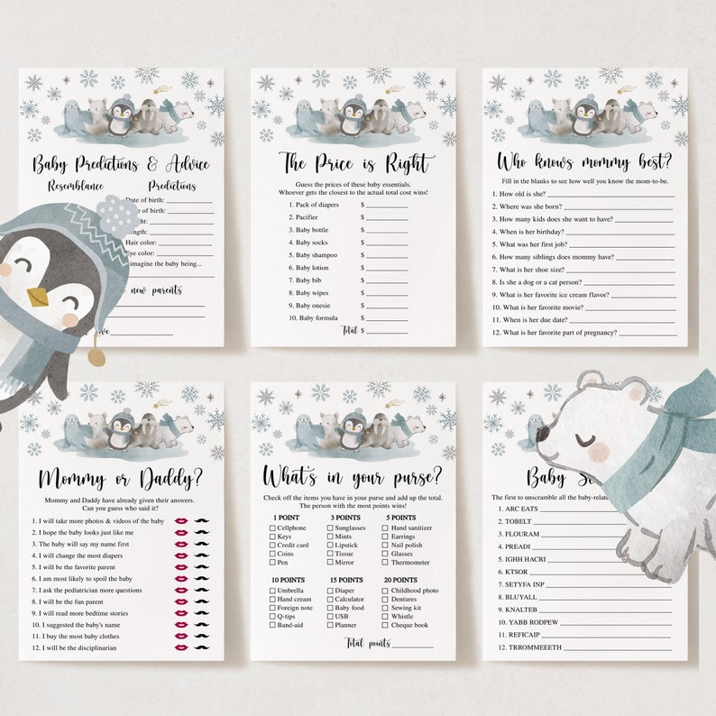 14 Winter Animals Baby Shower Games Penguin Baby Shower Games Snowflake ...