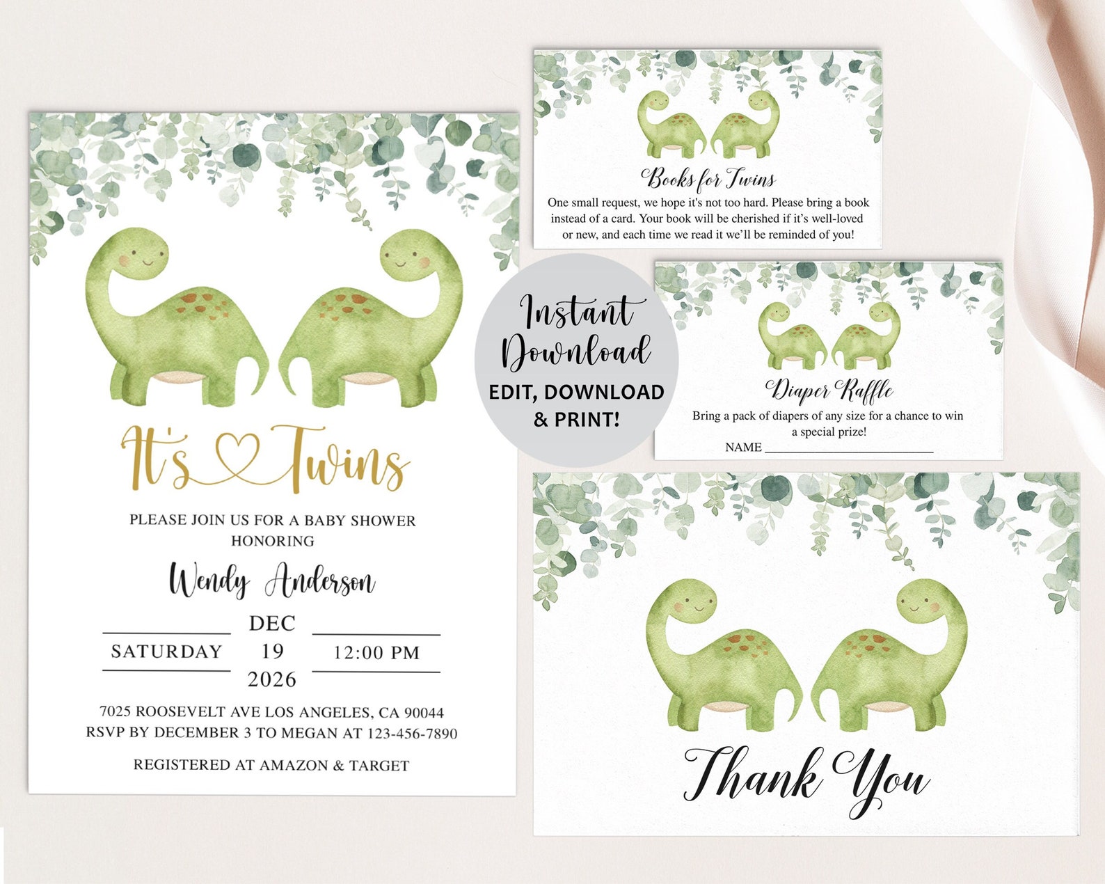 Twin Dinosaur Baby Shower, Twins Baby Shower Set, Twins Baby Shower ...