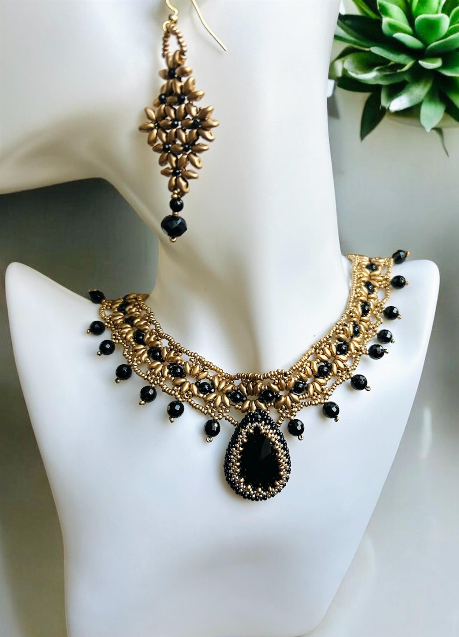 Black Beaded Choker Set, Black and Gold Necklace and Earrings, Indian ...