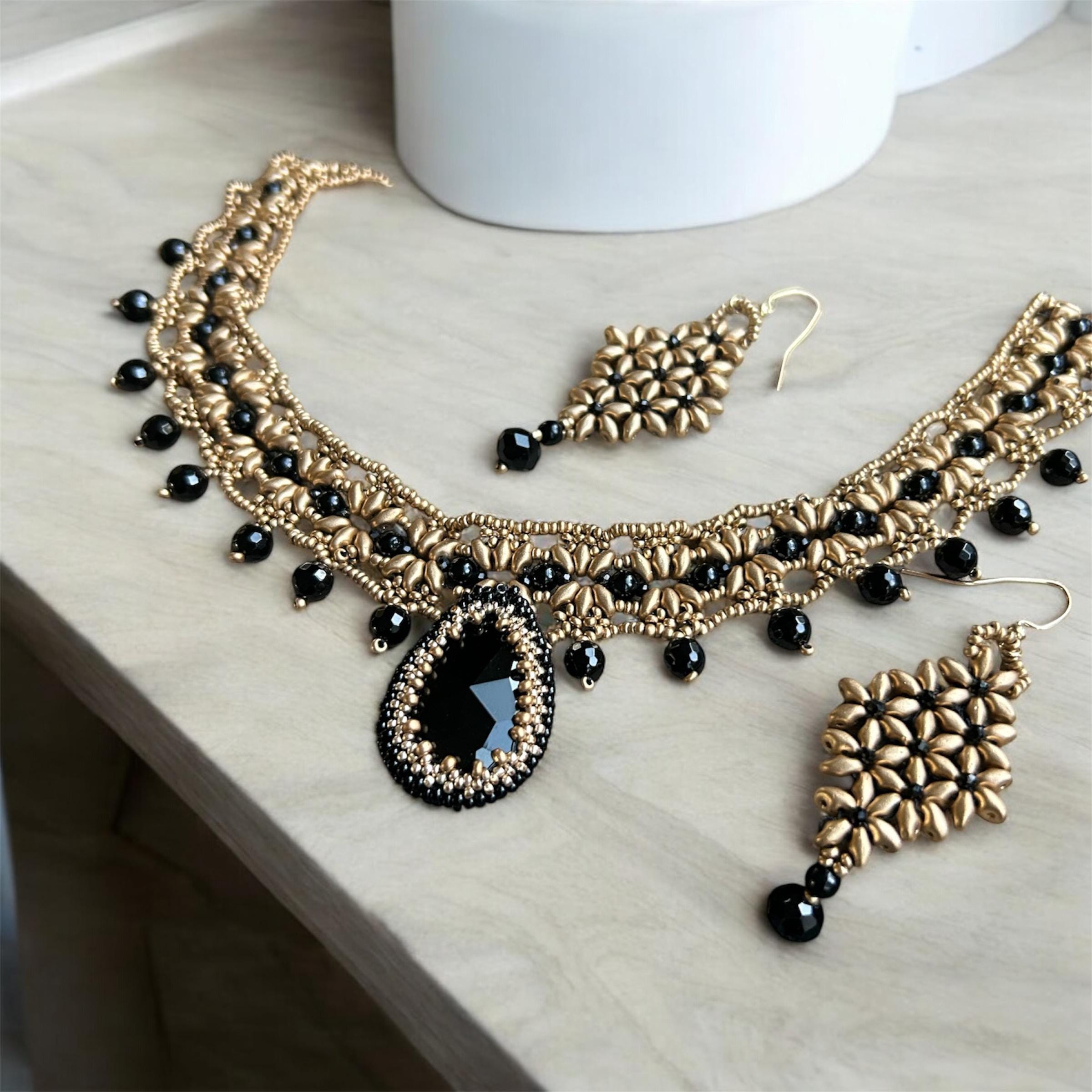 Black Beaded Choker Set, Black and Gold Necklace and Earrings, Indian ...