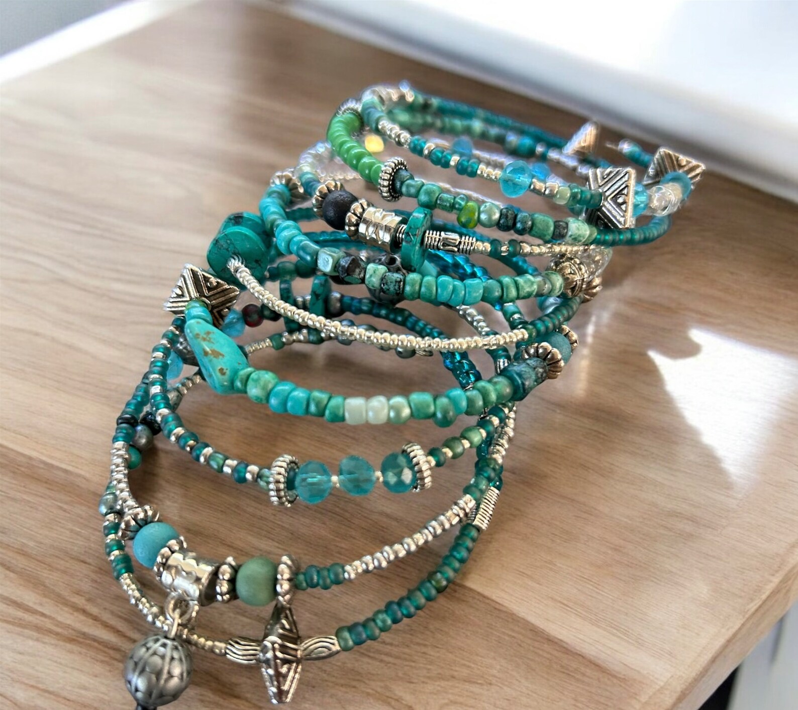 Boho Style Memory Wire Wrap Bracelet Stack, Blue, Silver, Beaded Charms ...