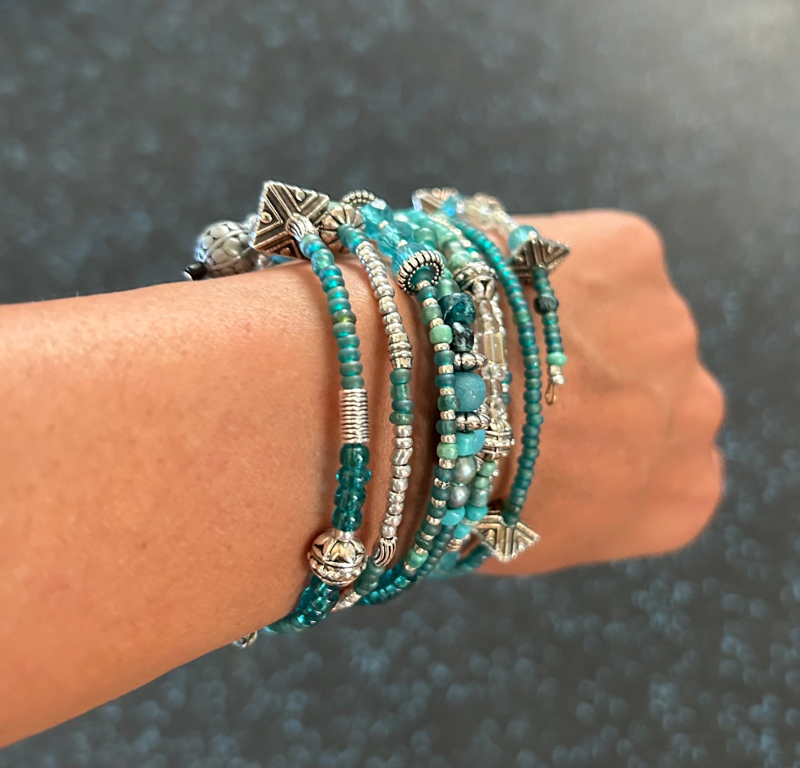 Boho Style Memory Wire Wrap Bracelet Stack, Blue, Silver, Beaded Charms ...