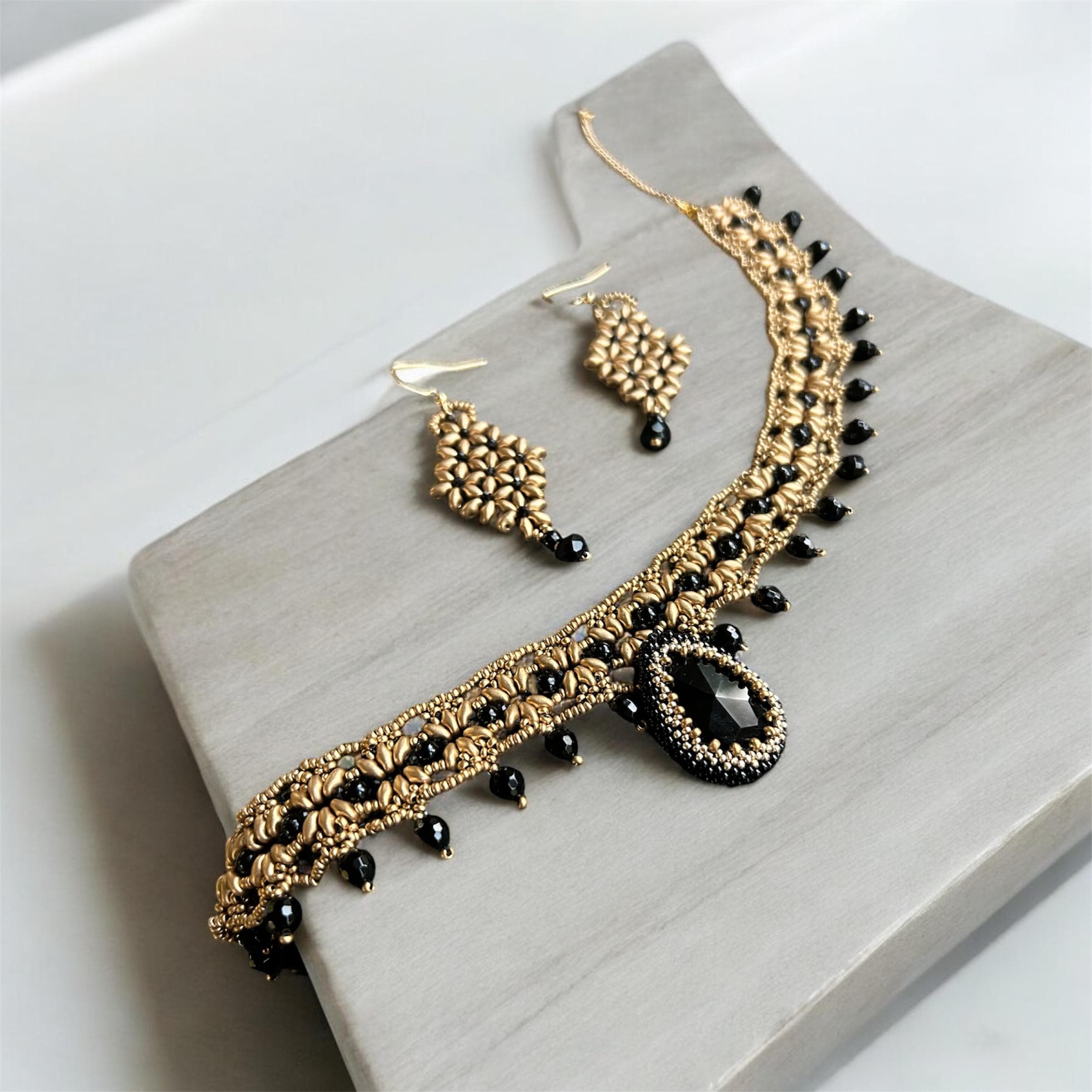 Black Beaded Choker Set, Black and Gold Necklace and Earrings, Indian ...
