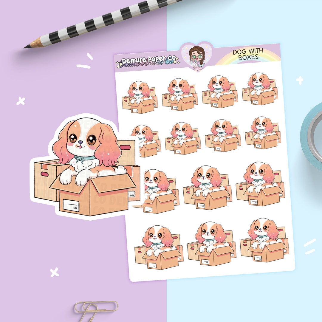 Cute Dog With Moving Boxes Sticker Sheet, Packing Shipping Post Office ...