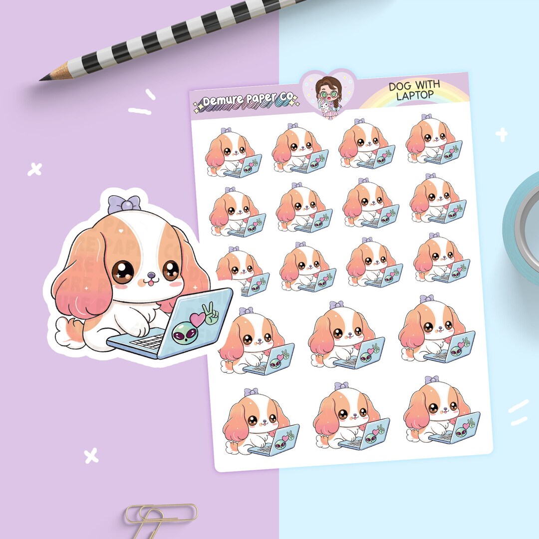 Cute Dog With Laptop Planner Sticker Sheet, Work From Home Online Class ...