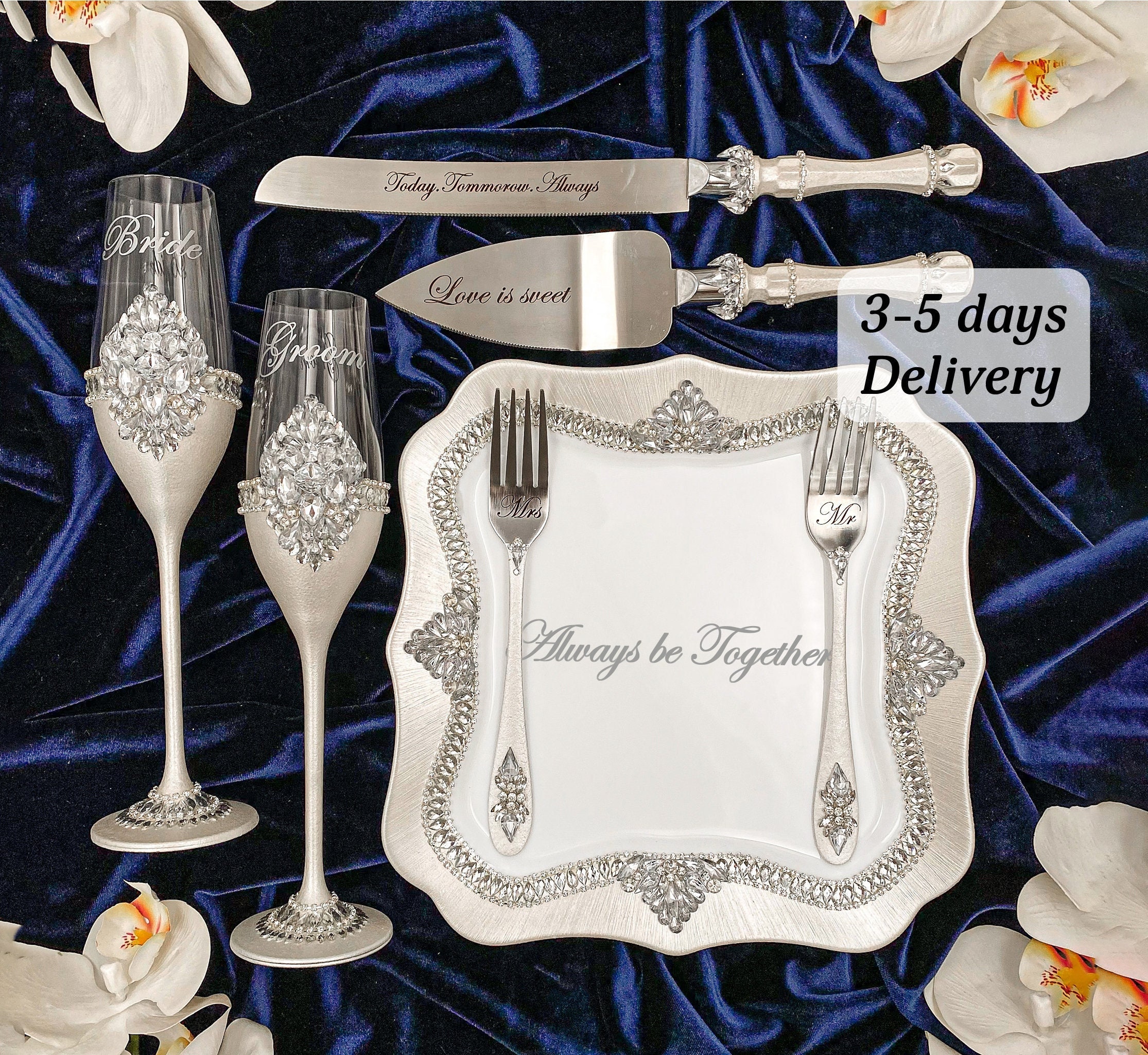 Set of 7 Items Wedding Cake Cutting Set Wedding Glasses for - Etsy