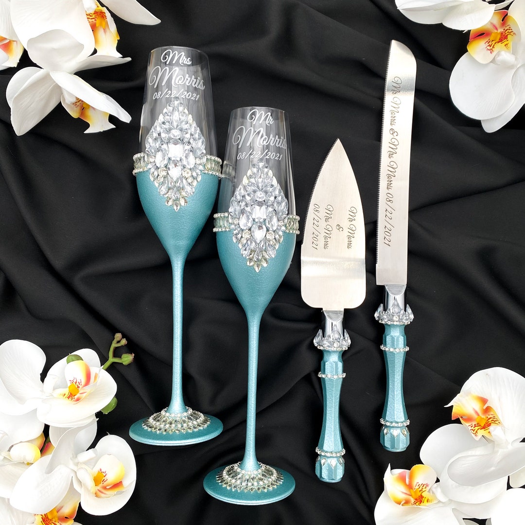 Turquoise Wedding Glasses Personalized Teal Wedding Flutes and Cake ...