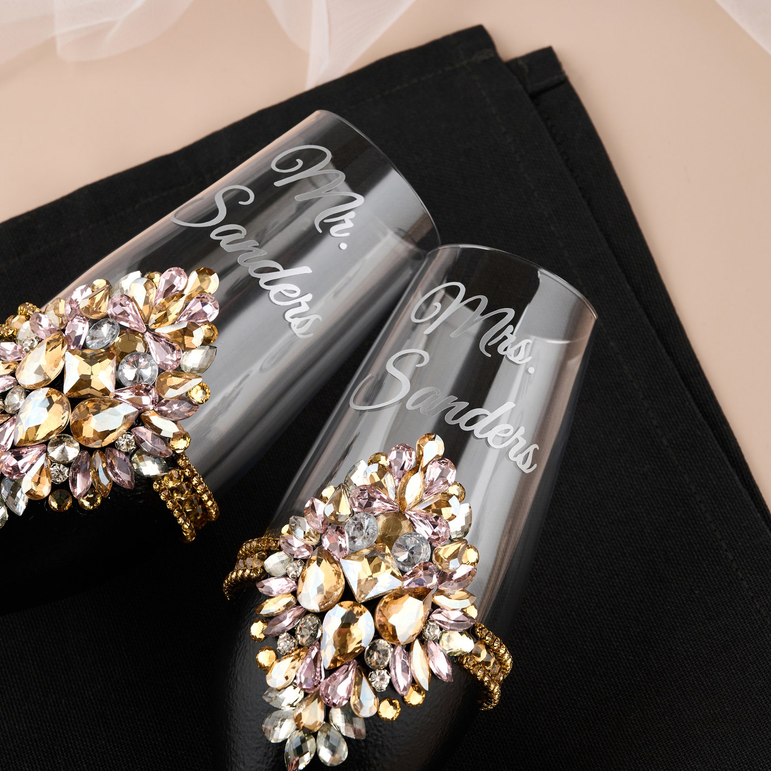 Personalized Black Wedding Champagne Flutes: Rhinestone Crystal ...