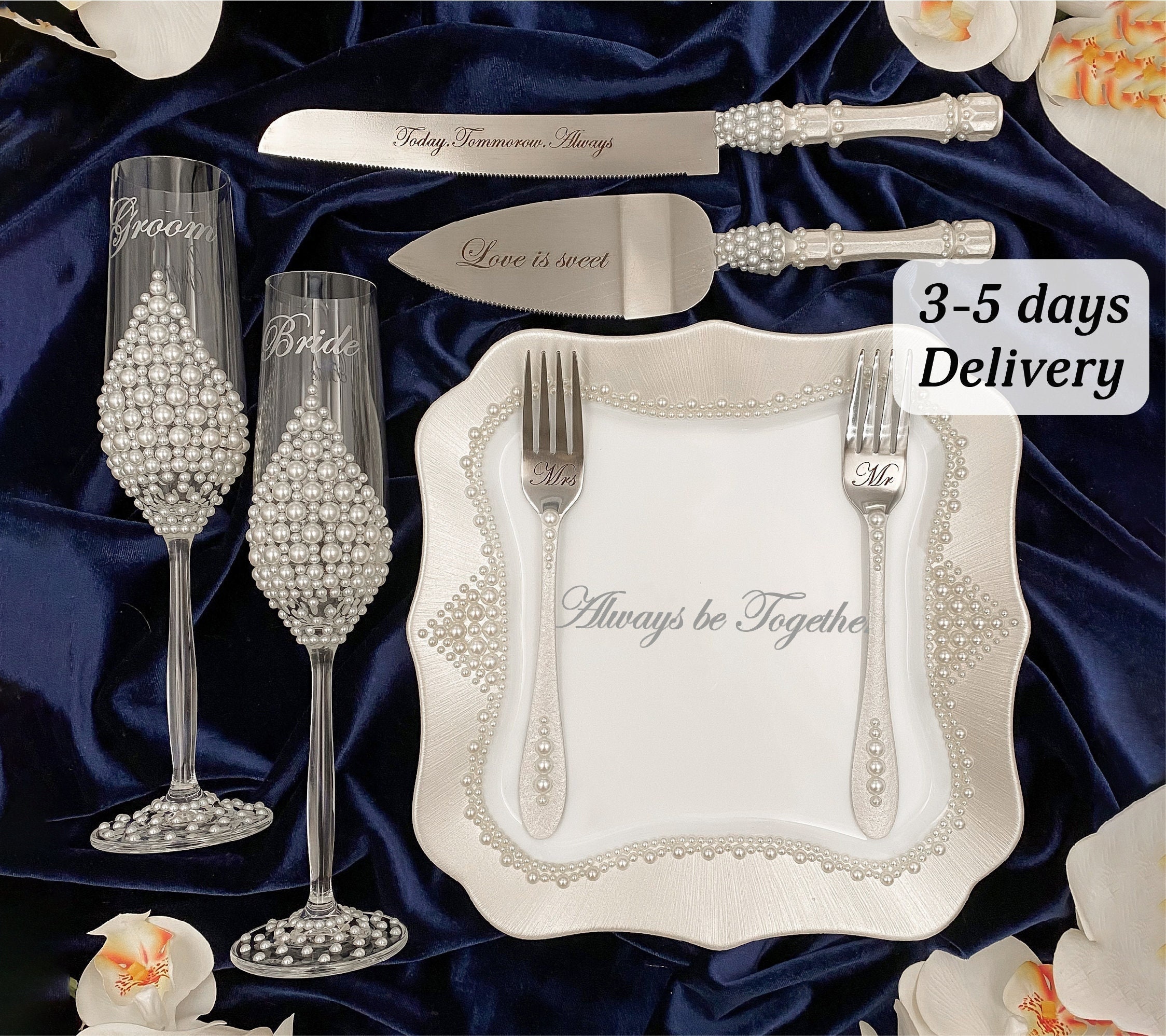 Set of 7 Items Pearls Wedding Cake Cutter Set Toasting - Etsy