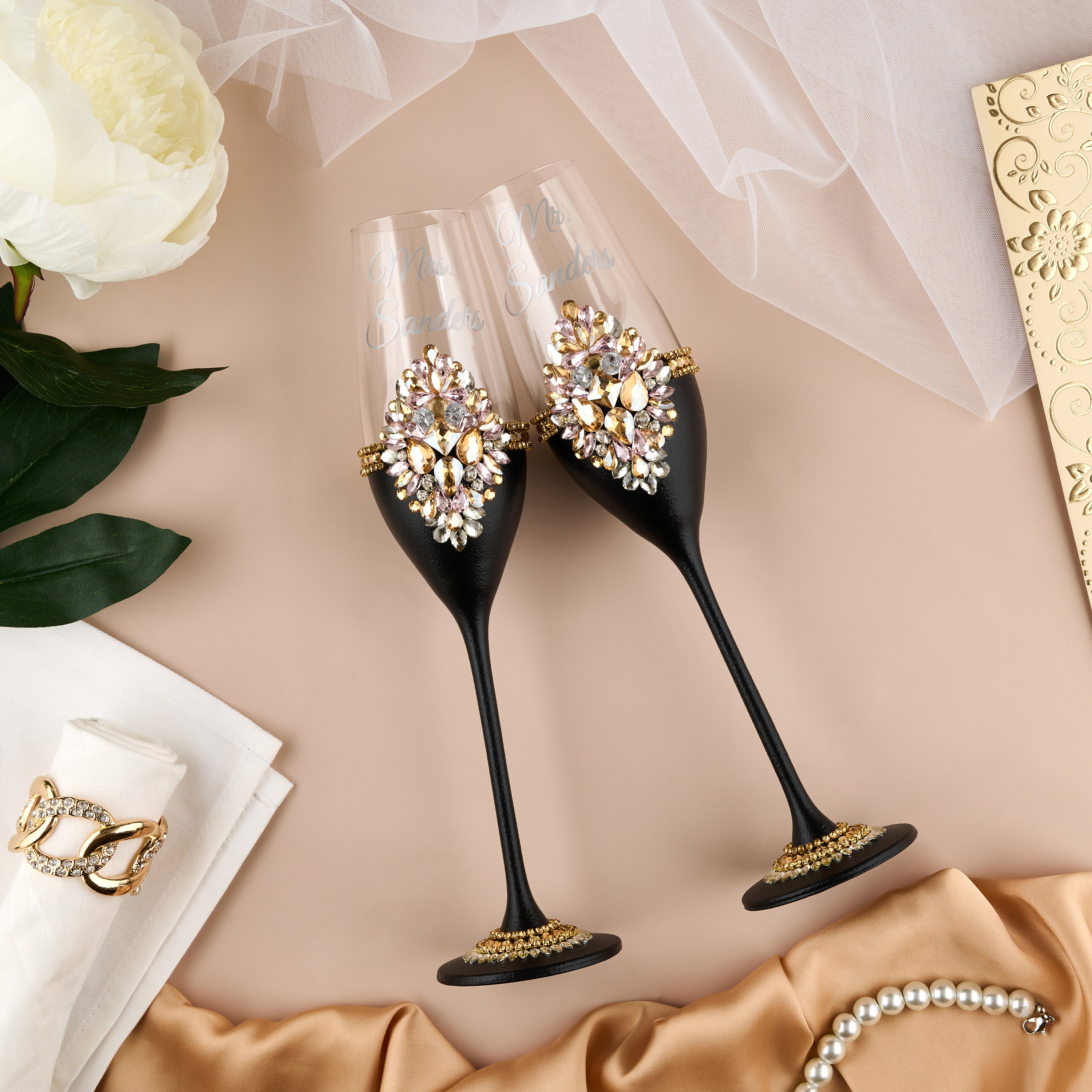 Personalized Black Wedding Champagne Flutes: Rhinestone Crystal ...