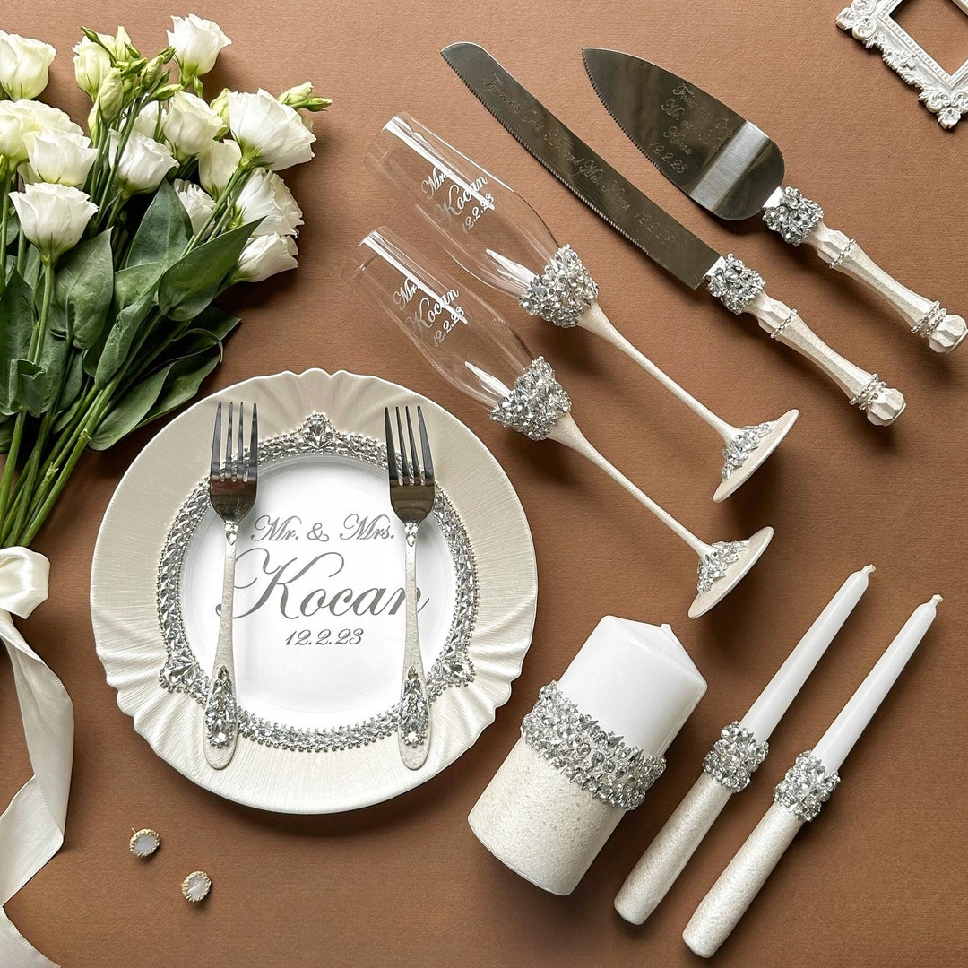 Elegant Wedding Essentials: Cake Cutter Set, Knife Server, Flutes, and ...