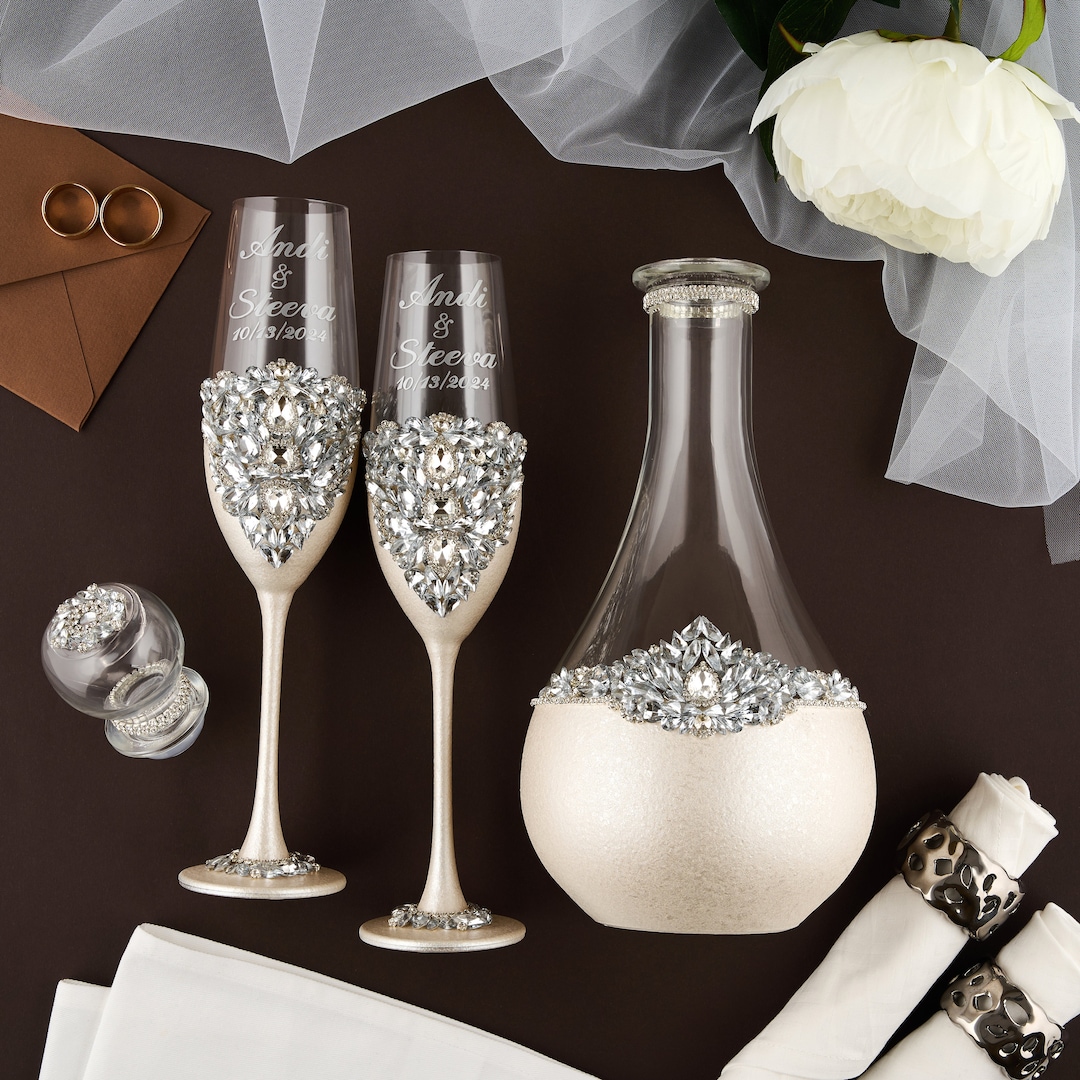 Silver Wedding Glasses Set: Personalized Champagne Flutes, Cake Server ...