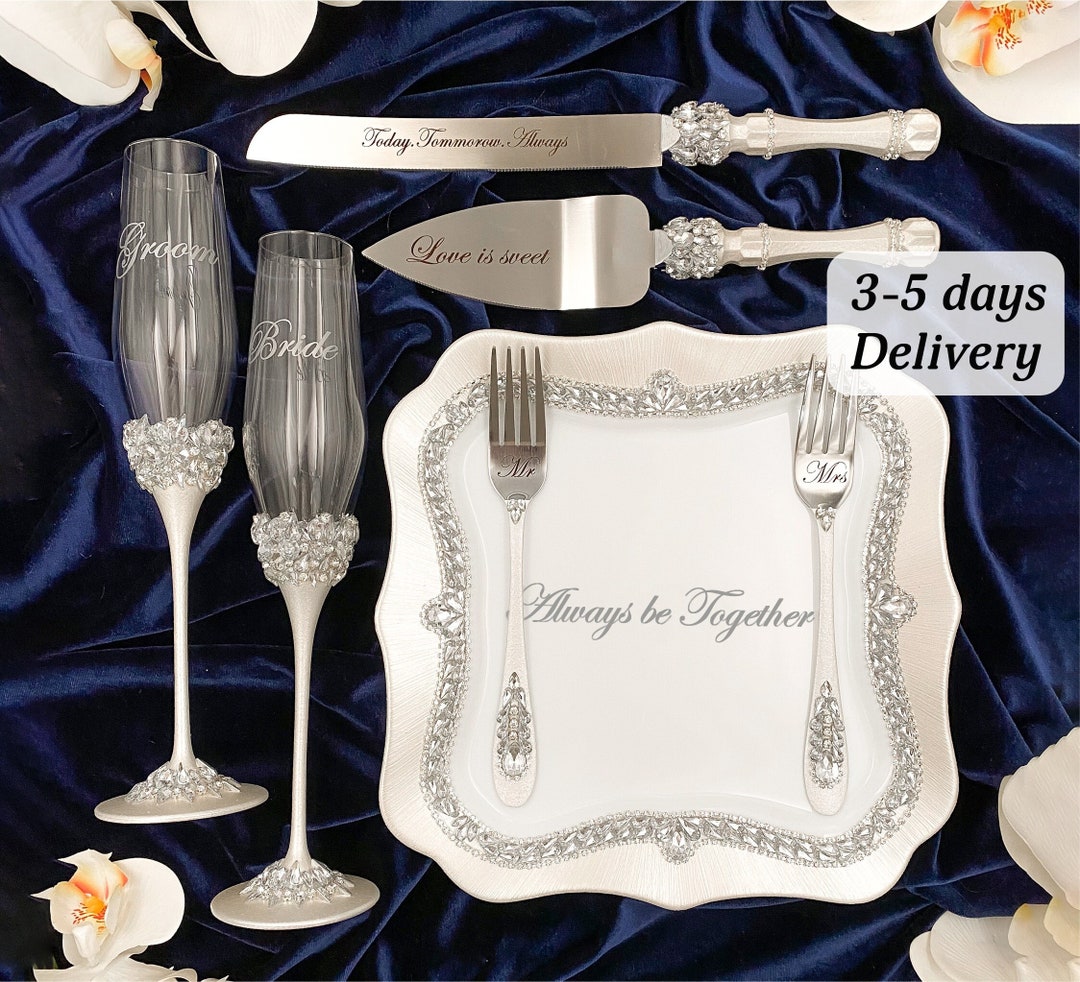 Set of 7 Items, Wedding Flutes for Bride and Groom, Wedding Cake ...