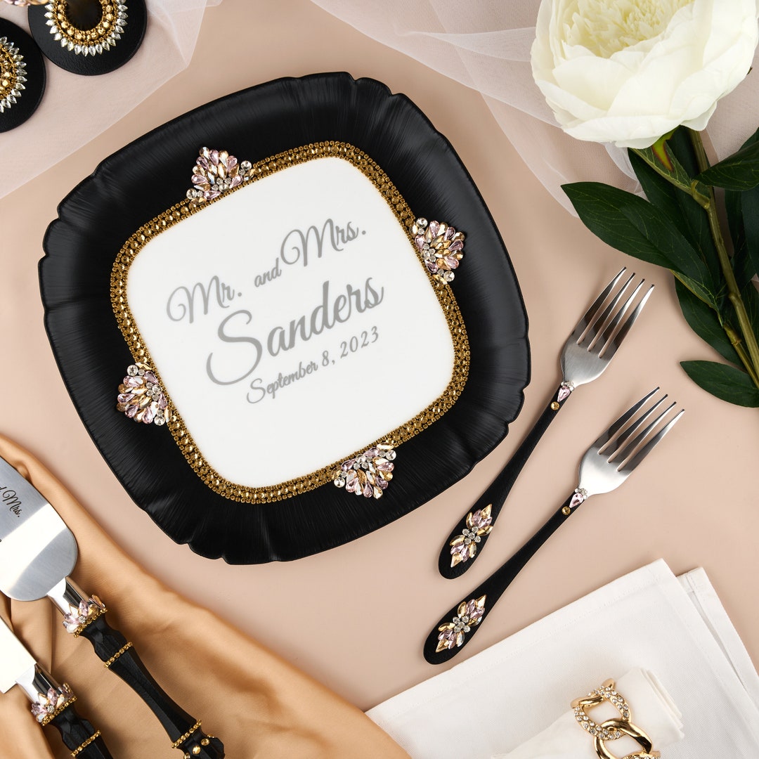 Black Personalized Wedding Plate and Forks | Engraved Cake Server and ...