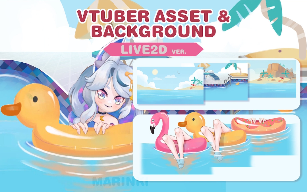 Vtuber Asset | Summer Pool Floatie & Animated Beach and Pool Background | | Live2d Version | - Etsy