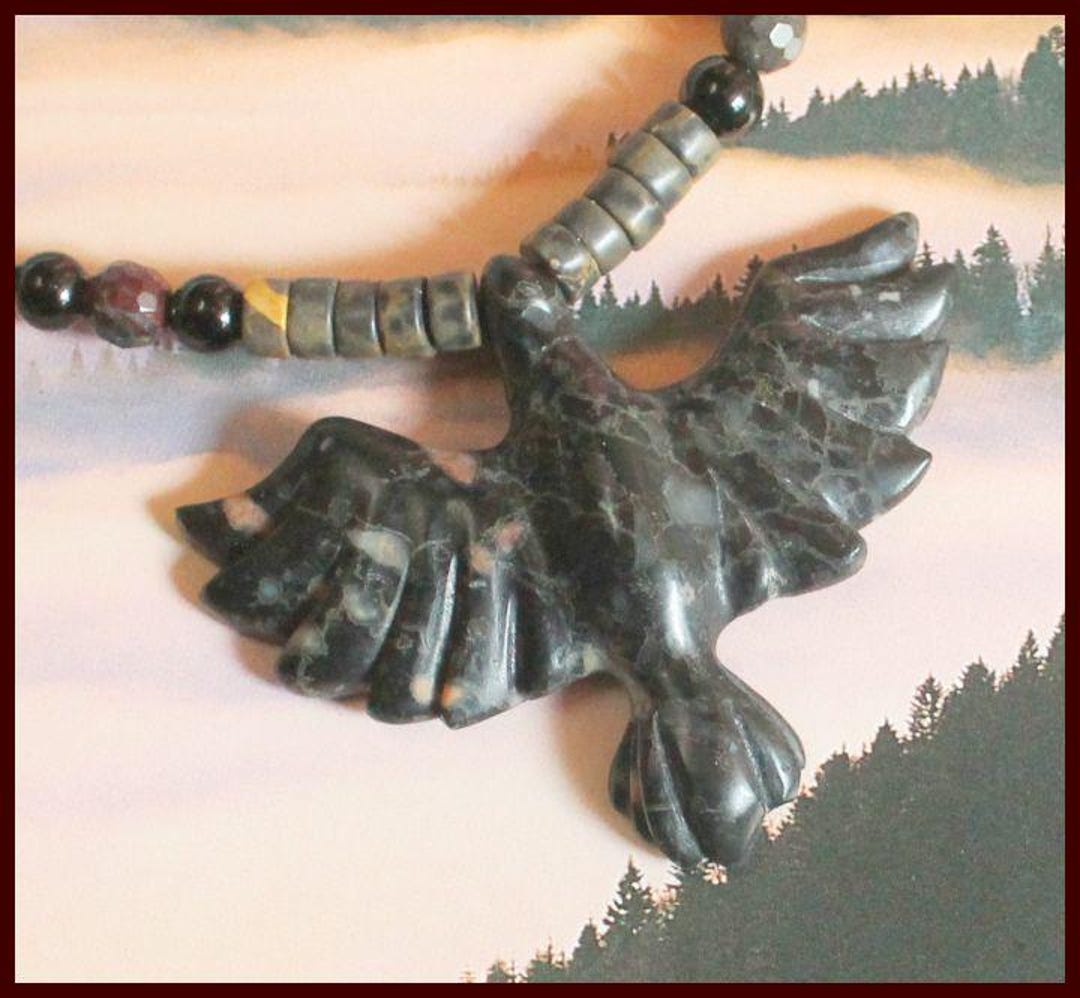 African Eagle Necklace Carved With Poppy Jasper. Dragon's Blood Beads ...