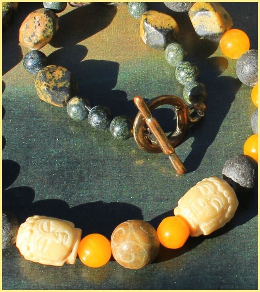 Necklace (50cm) With Two Buddha Faces in Yellow Jade (10x15mm), Carved ...
