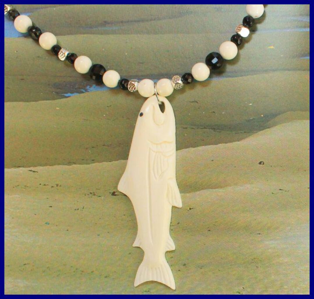 Carved Bone Fish Necklace. Magnesite, Obsidian, and Silver Beads. - Etsy
