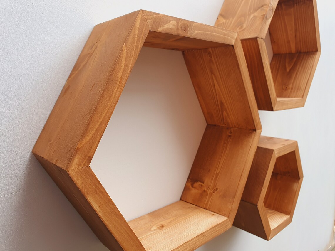 Set of 3 wooden handmade hexagon shelves made from pine wood | Etsy