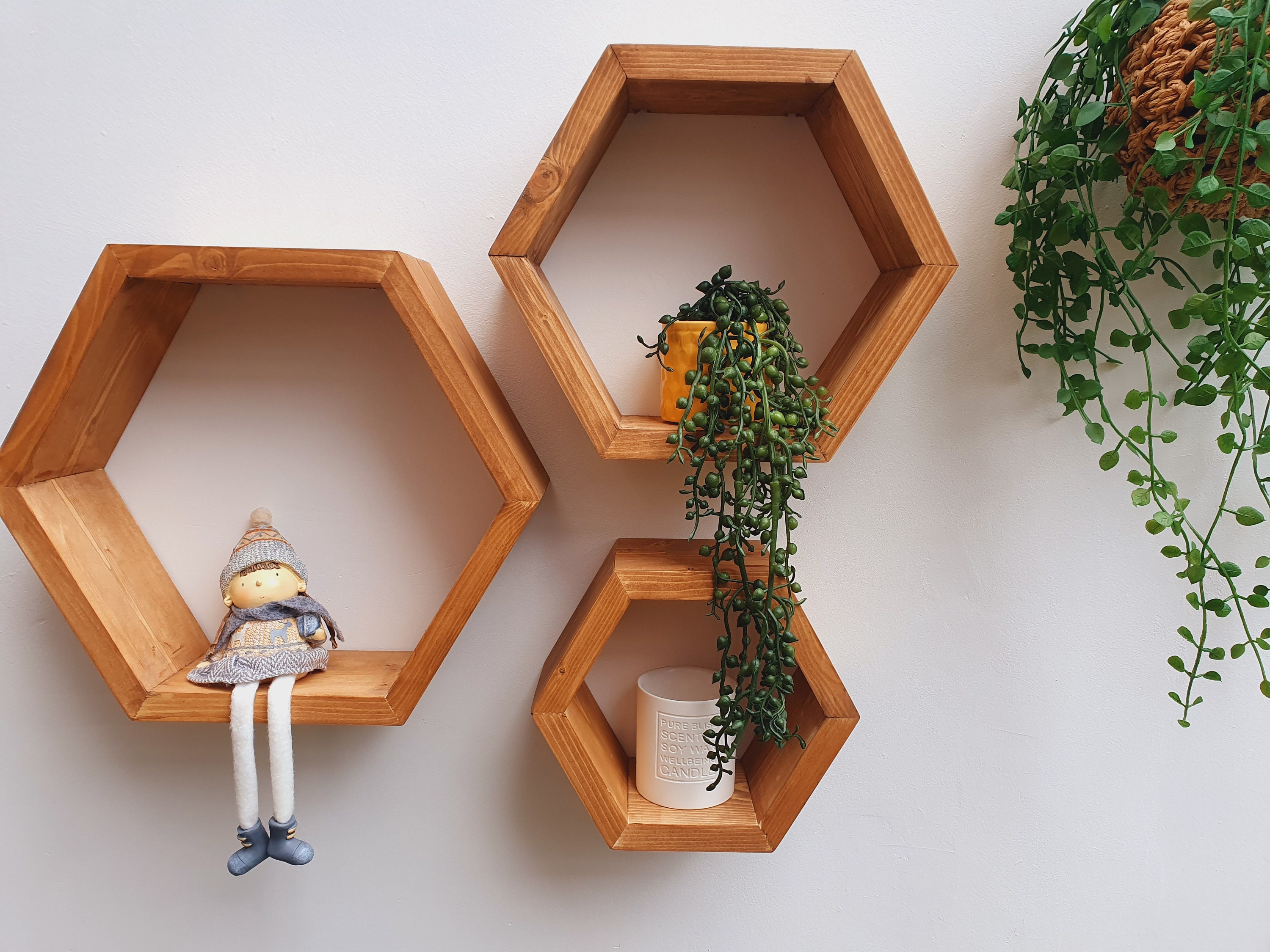 Set of 3 wooden handmade hexagon shelves made from pine wood | Etsy