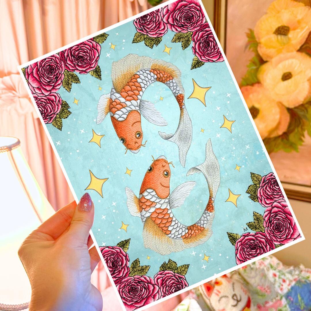 Handmade Koi Fish Art Print: Roses, Stars, Peaceful Decor - Etsy