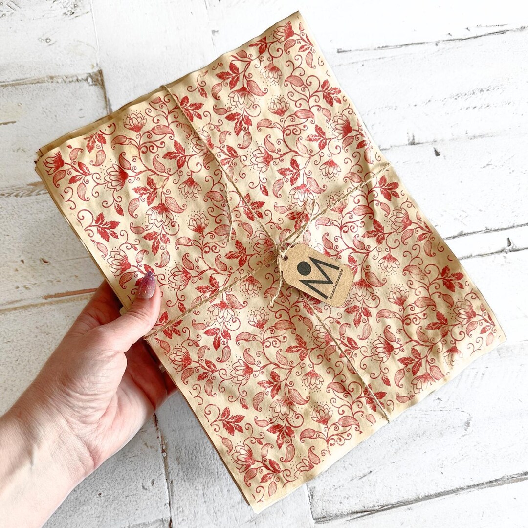 Pack of 20 Vintage Red Floral Print Coffee-dyed Papers, 8.5x11 Inch ...