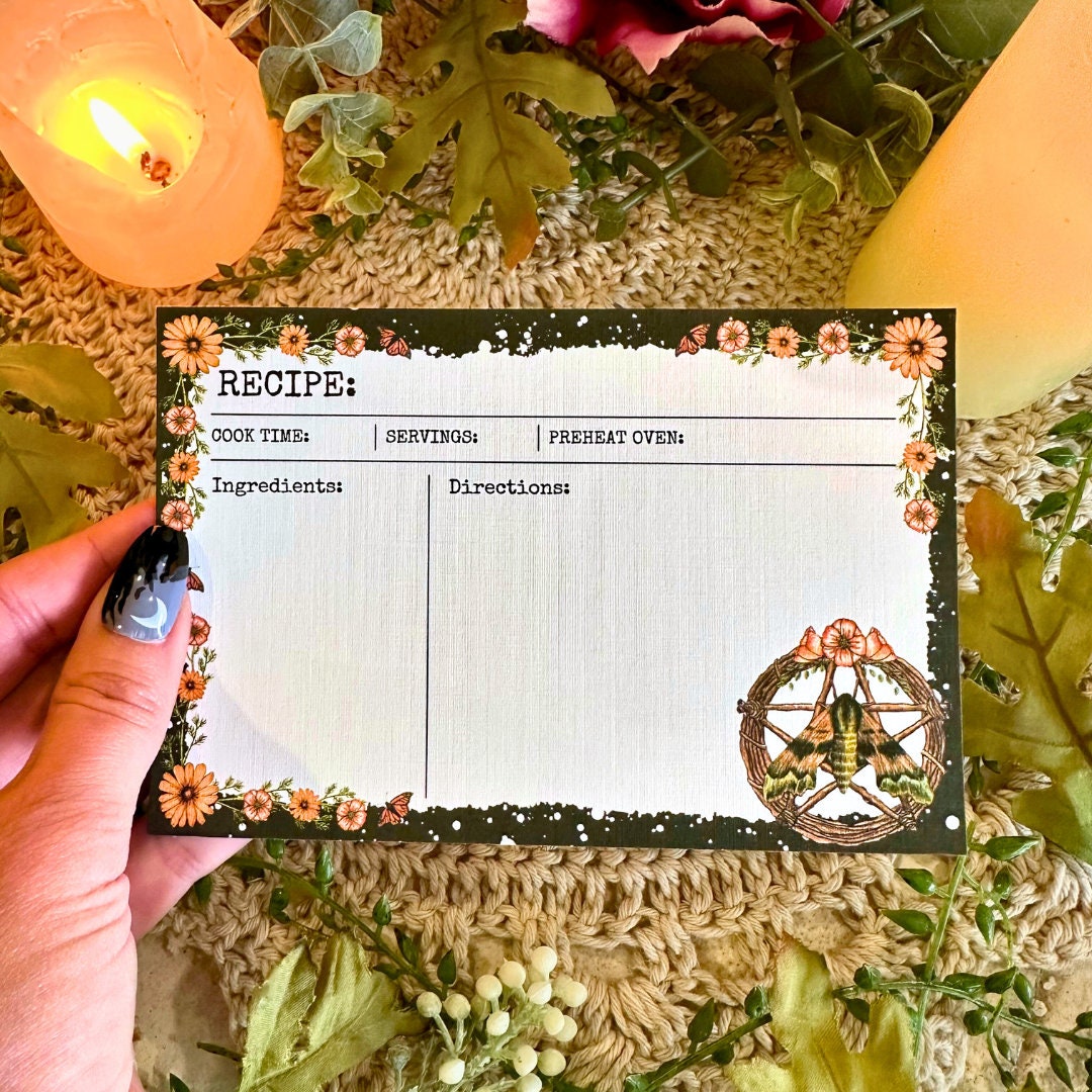 Set of 10 Handmade Witchy Recipe Cards With Green Moth & Pentagram ...