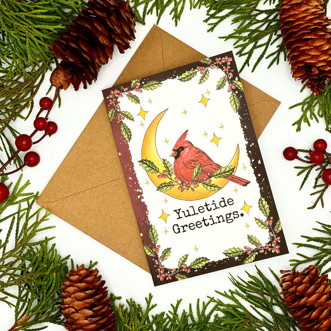Witchy Yule Card With Cardinal and Moon Stationery for Witch - Etsy