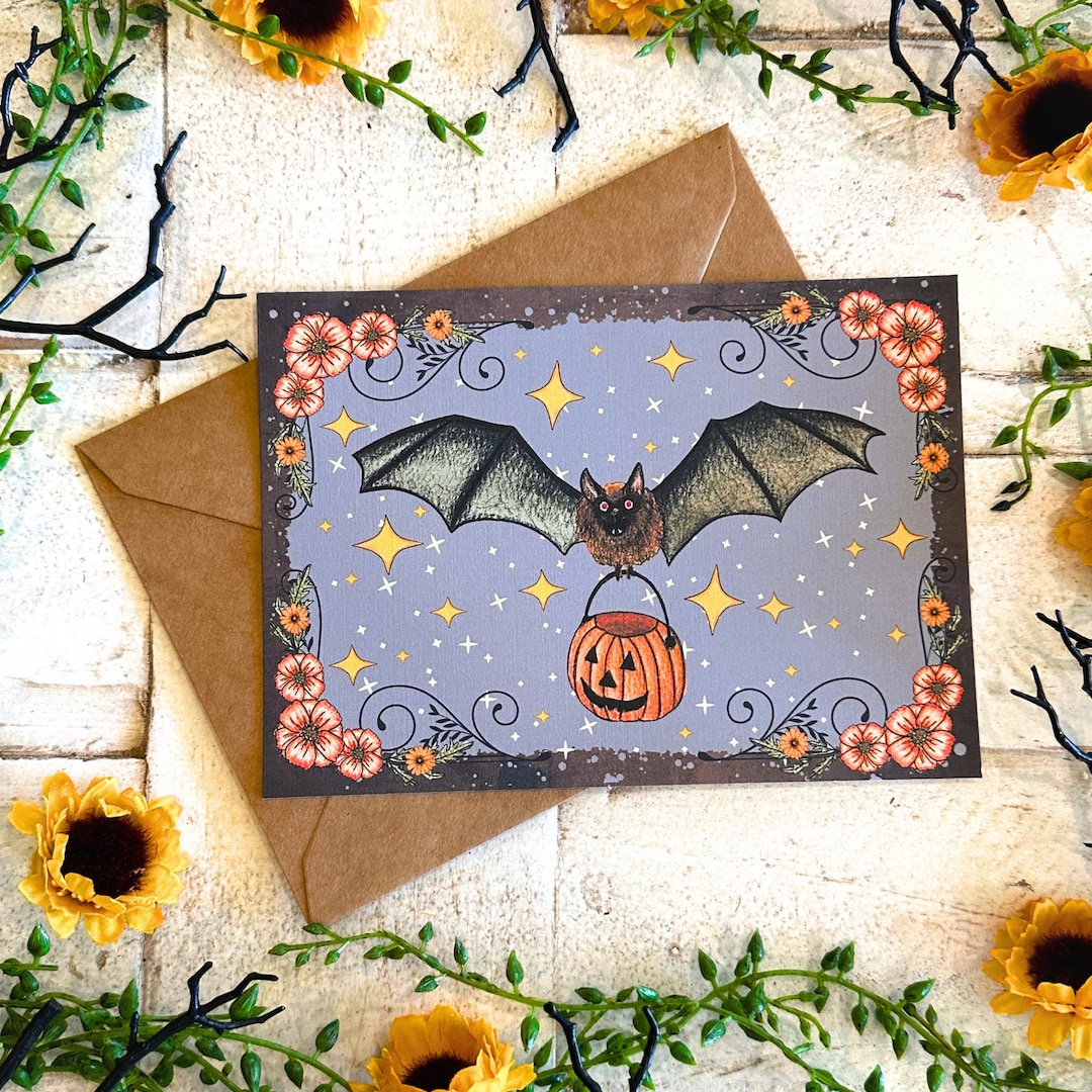 Handmade Spooky Halloween Blank Card With Bat and Pumpkin, 5x7 Inches ...