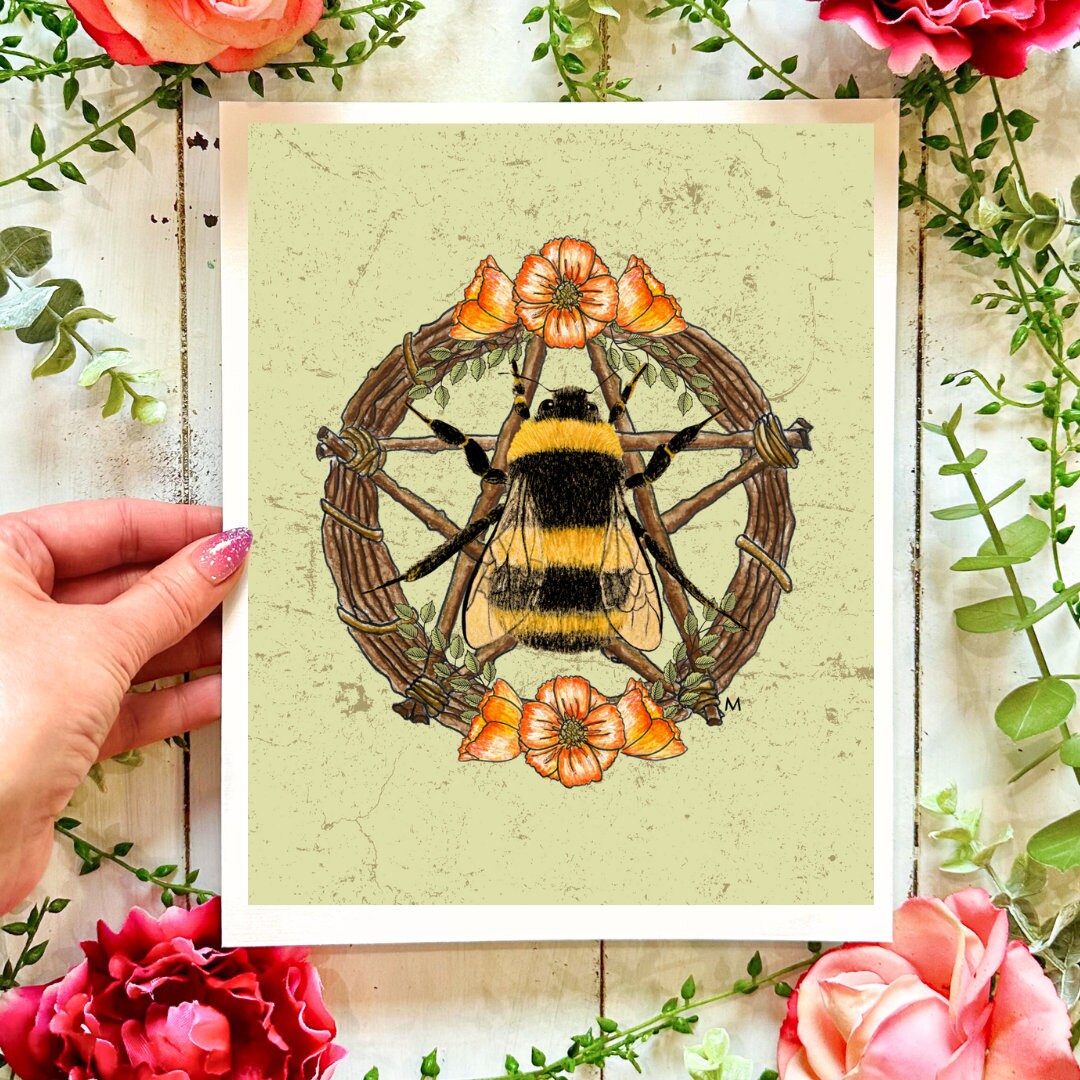 Handmade Wall Art Print W/ Witchy Bee and Pentagram Design, Handmade ...