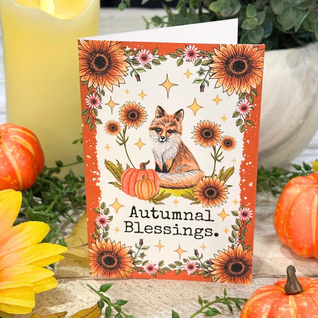 Autumn Fox Greeting Card: Sunflowers, Pumpkins & Autumnal Blessings - Etsy