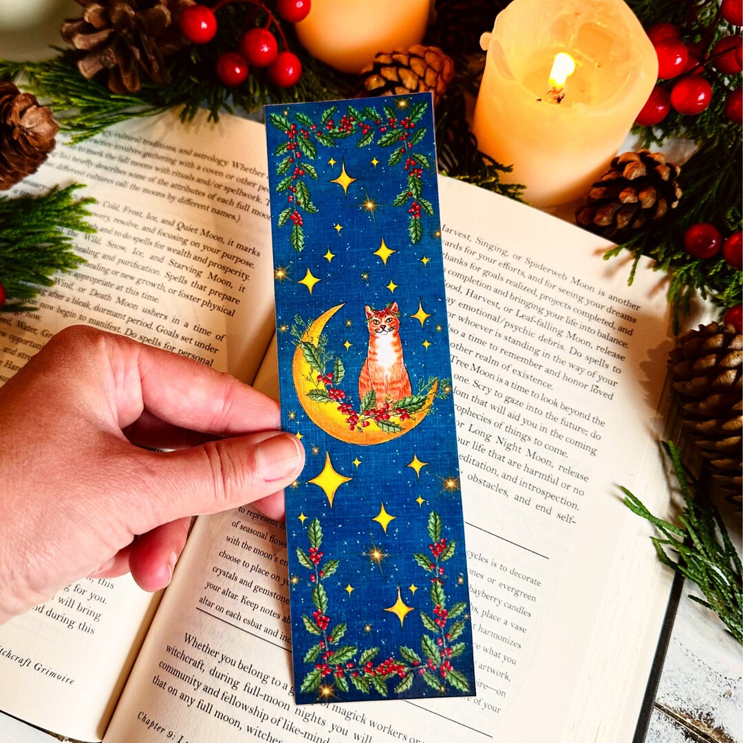 Yule Bookmark With Witchy Cat Moon Design, Handmade and Hand ...