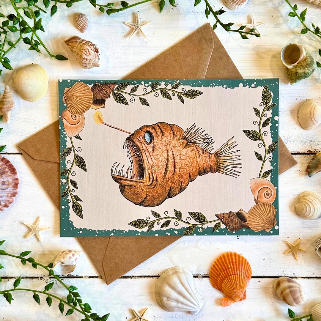 Handmade Anglerfish Greeting Card: Beach & Sea Art (5x7 Inch) - Etsy
