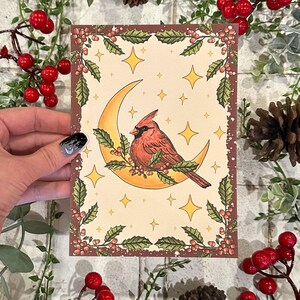 Handmade Cozy Holiday Card With Cardinal and Moon, Blank Holiday Card ...