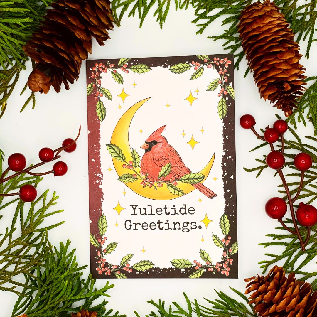 Witchy Yule Card With Cardinal and Moon Stationery for Witch - Etsy