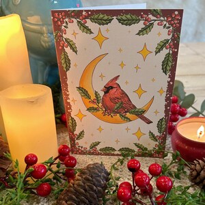 Handmade Cozy Holiday Card With Cardinal and Moon, Blank Holiday Card ...